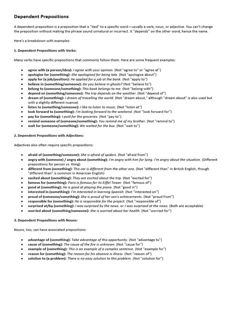 Dependent Prepositions | PDF | Verb | Adjective