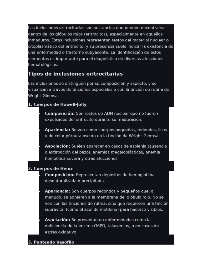 Inclusiones en Glóbulos Rojos | PDF | Glóbulo rojo | Tinción