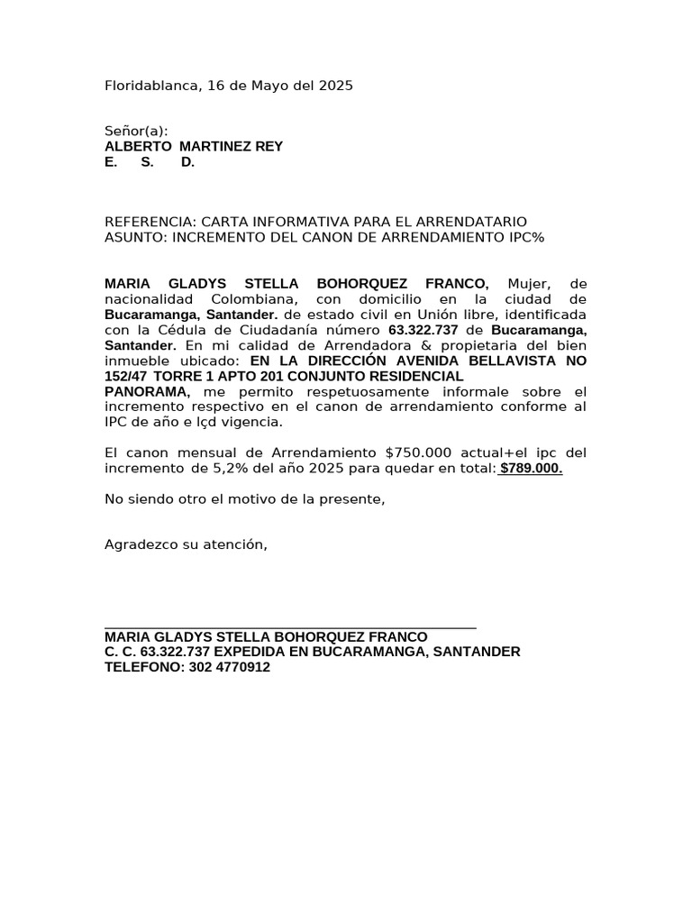 Carata de Incremento de Arrendamiento Stella | PDF