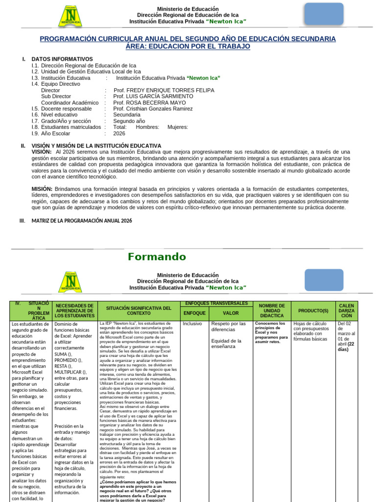 Programación Anual 2026 Secundaria PRIMERO | PDF | Microsoft Excel ...