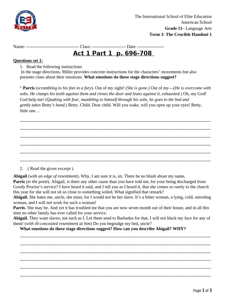 The Crucible Act I Part 1 Analyze The Text | PDF