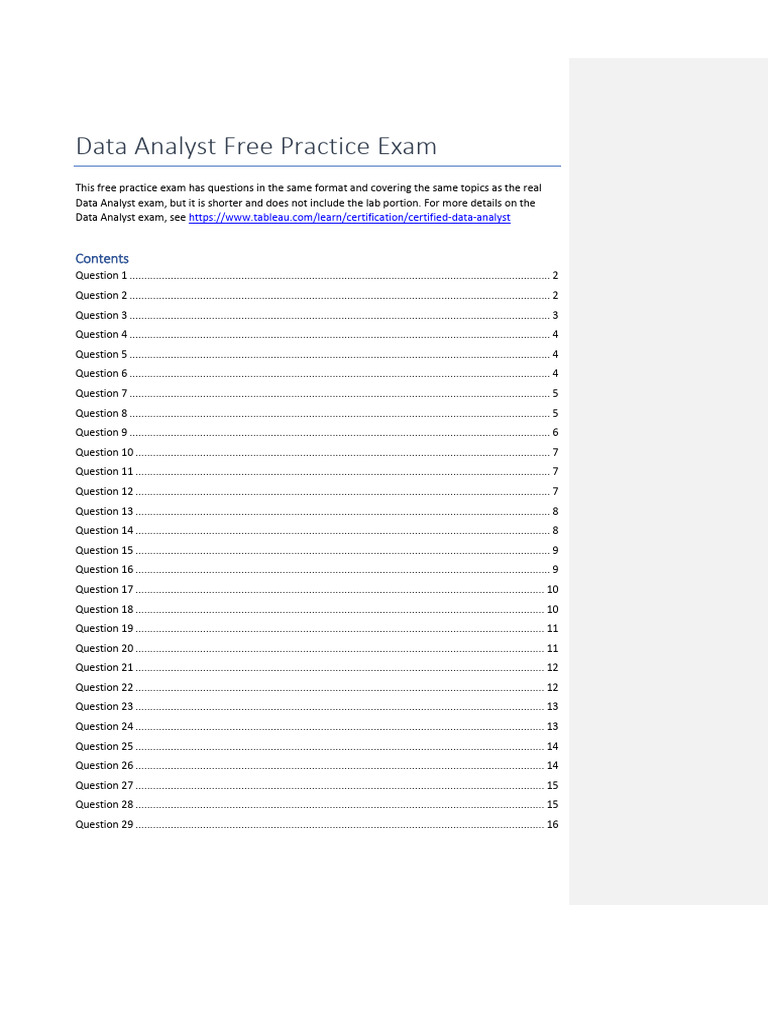 Data Analyst Free Practice Exam | PDF | Scatter Plot | Pie Chart