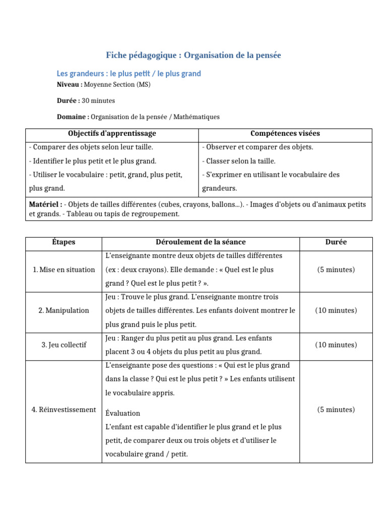 Fiche Grandeurs Plus Petit Plus Grand MS | PDF