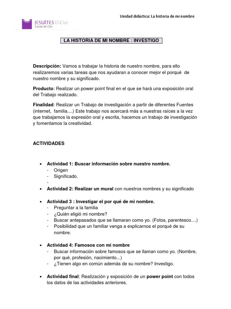 Unidad Didáctica: La Historia de Mi Nombre | PDF