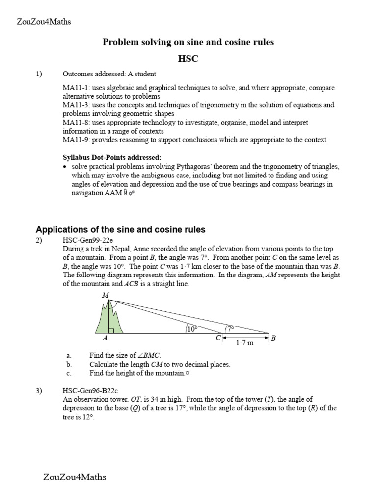 Problem Solving on Sine & Cosine Rules (HSC) | PDF | Trigonometry ...