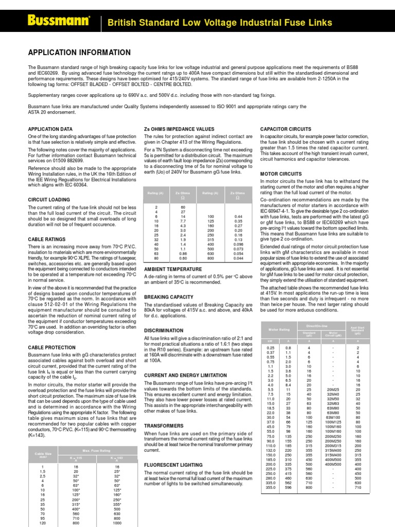 BS88 Bussman Fuse Links Zs To 800A | PDF | Fuse (Electrical ...