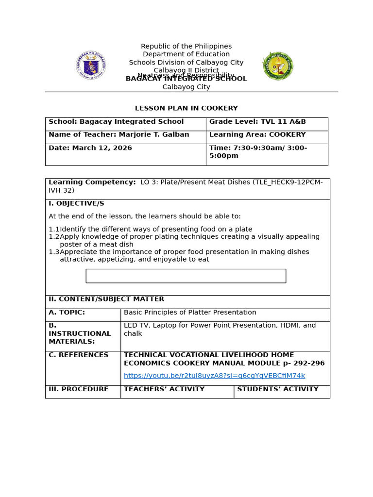 Basic Principles of Platter Presentation Lesson Plan | PDF | Foods ...