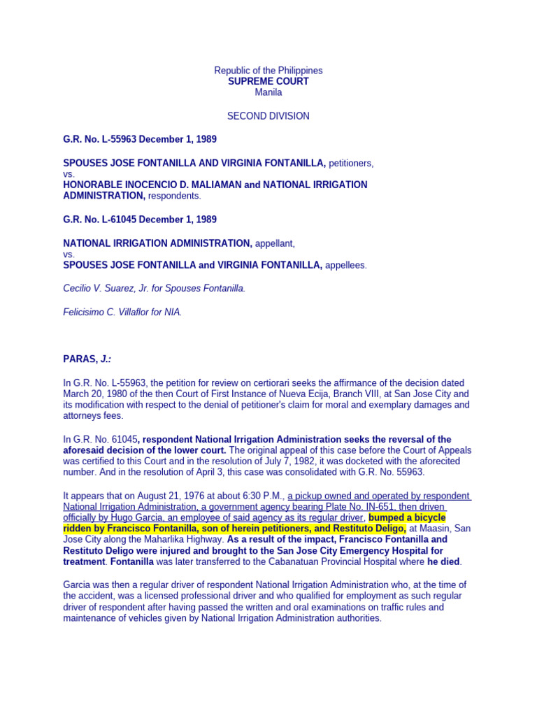 5. Fontanilla v. Maliaman, 194 SCRA 486 (1989) | PDF | Tort | Legal ...