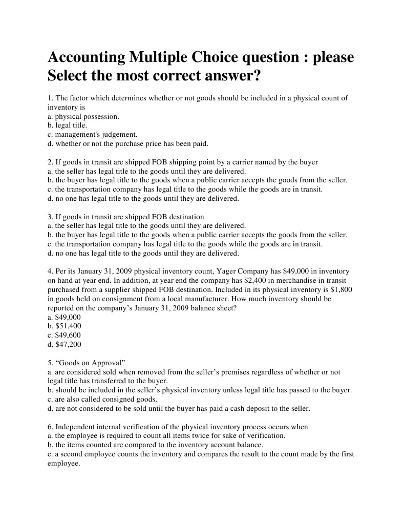 Accounting Multiple Choice Question | PDF | Inventory | Global Business ... Accounting Multiple Choice Question | PDF | Inventory | Global Business ...