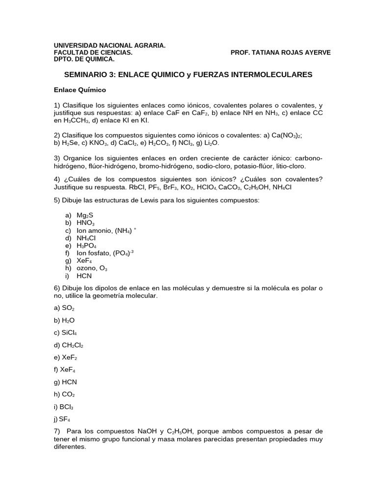 Seminario 3 Enlace Quimico y Fuerzas Intermoleculares | PDF | Fuerza ...