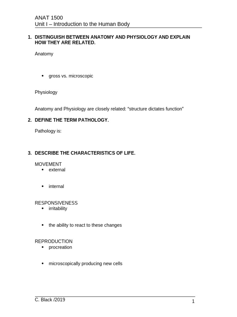 Unit 1 - Introduction to Anatomy and Physiology | PDF | Anatomical ...