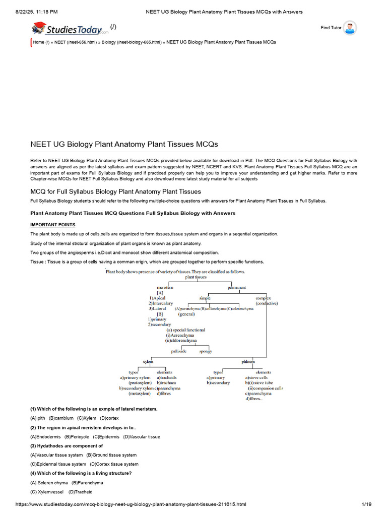 NEET UG Biology Plant Anatomy Plant Tissues MCQs With Answers | PDF ...