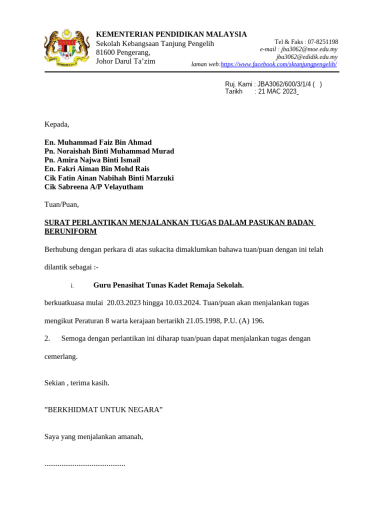 Surat Perlantikan Guru Penasihat TKRS | PDF