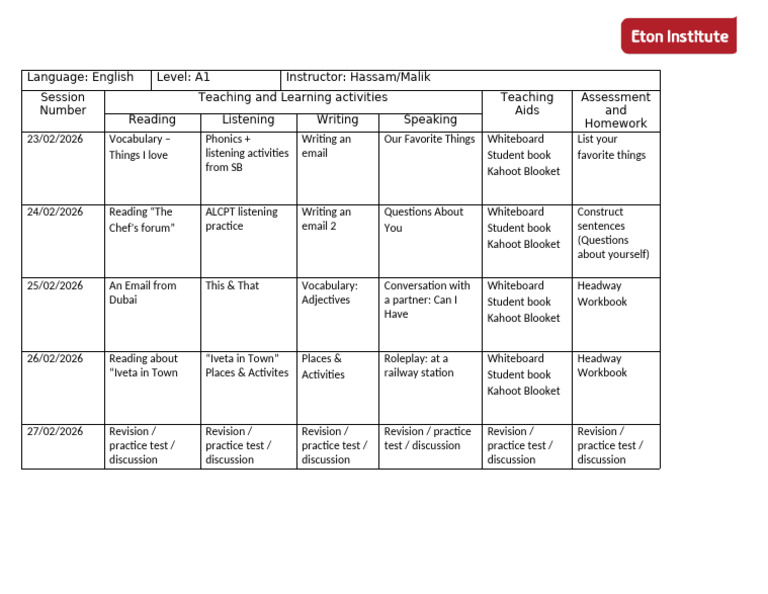 Lesson Plan A1 Week 7 | PDF