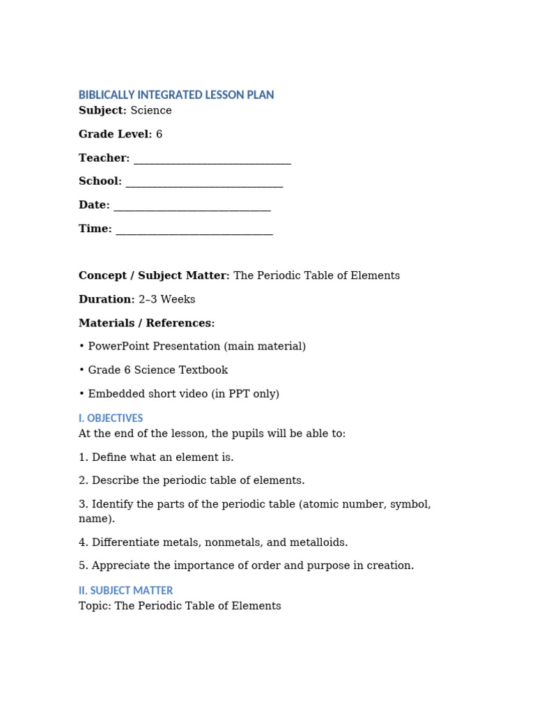 Grade 6 Periodic Table Lesson Plan | PDF | Periodic Table | Lesson Plan