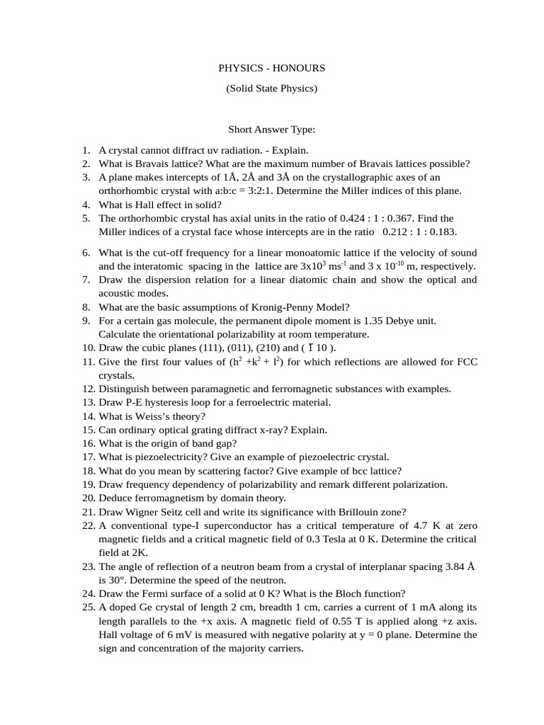 Solid State Physics Question Bank | PDF | Crystal Structure | Dielectric