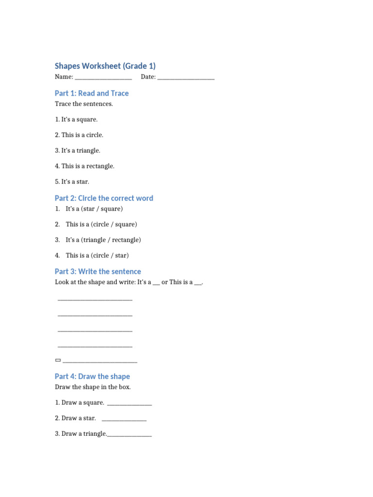 Grade1 Shapes Worksheet | PDF