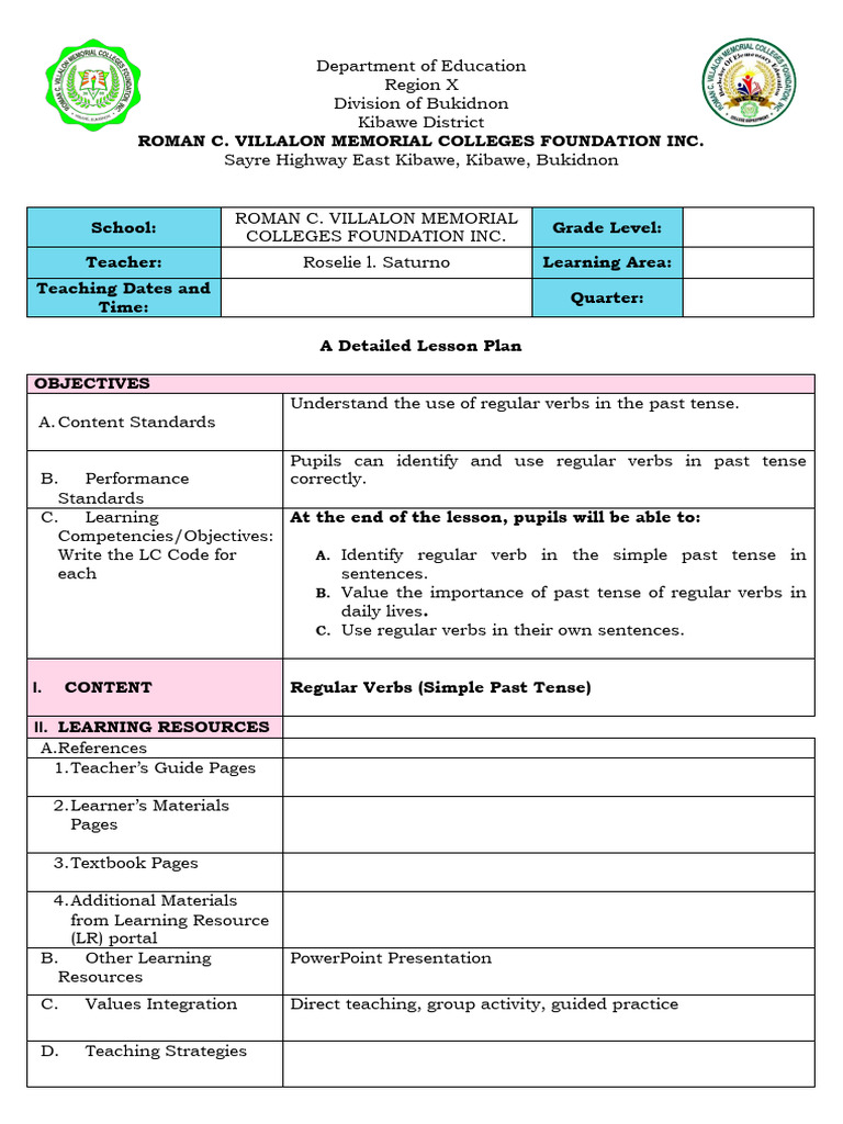 Lesson Plan in English | PDF | Grammatical Tense | Learning