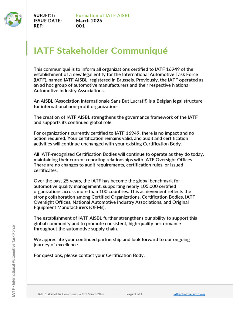 IATF Stakeholder Communique SC 2026 001 Formation of IATF AISBL | PDF