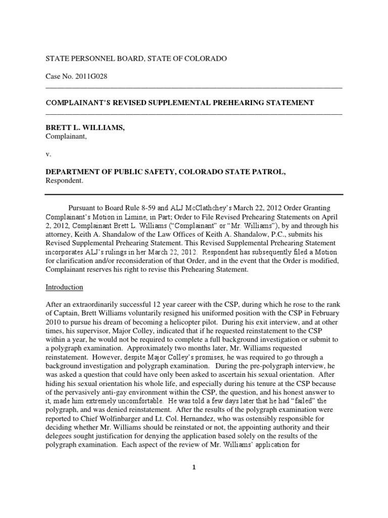 Brett Williams Pre-Hearing Statement | PDF | Disparate Treatment | Justice