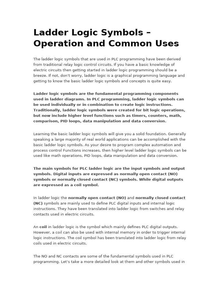 Ladder Logic Symbols - Operation and Common Uses | PDF | Programmable ...