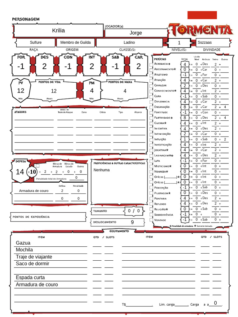 Ficha de Personagem Tormenta - Krilia | PDF