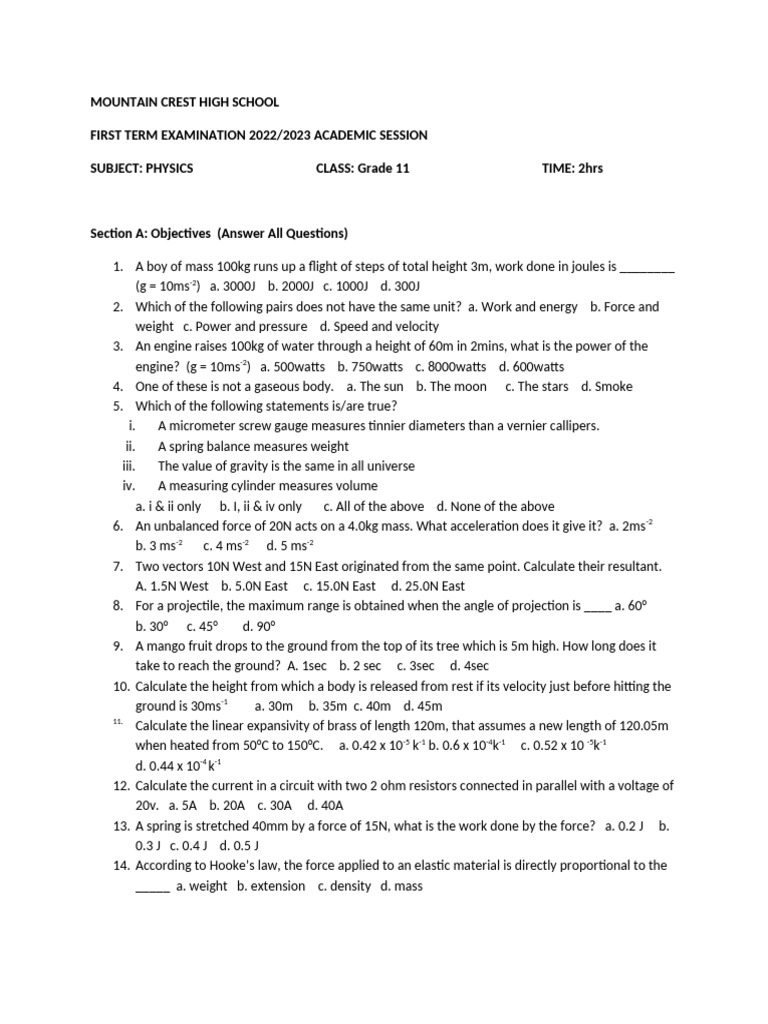 New Grade 11 Physics Exam | PDF | Force | Mass