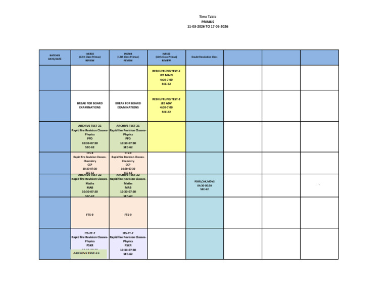 Time Table - PRIMUS - 11 March To 17 March 2026 | PDF