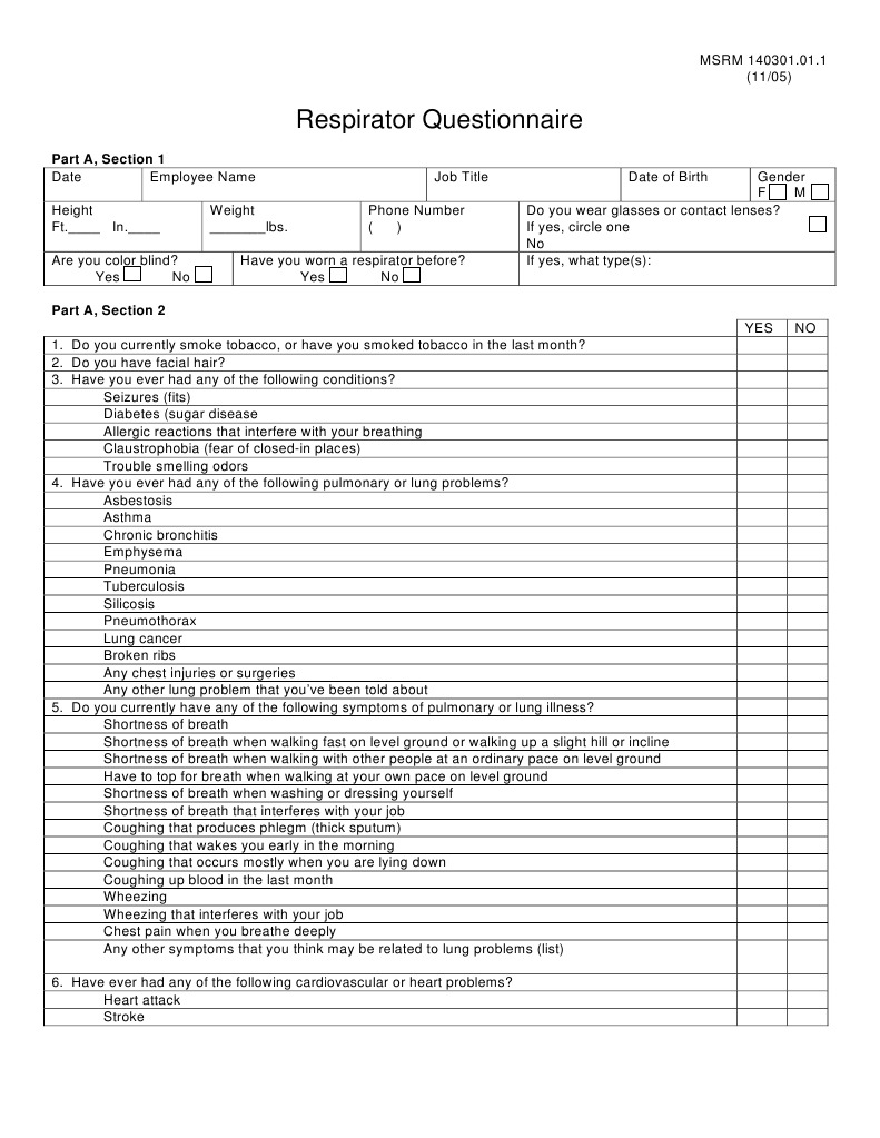 Respirator Questionnaire: Part A, Section 1 | PDF | Cough | Lung