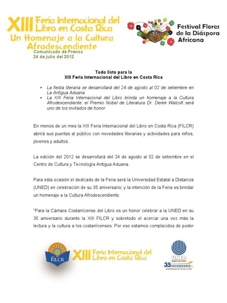 Comunicado de Prensa - Todo Listo para La XIII Feria Internacional Del Libro en Costa Rica | PDF ...