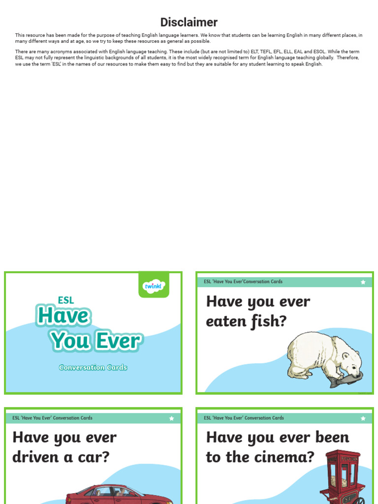Esl Have You Ever Conversation Cards Ver 1 | PDF | English As A Second ...