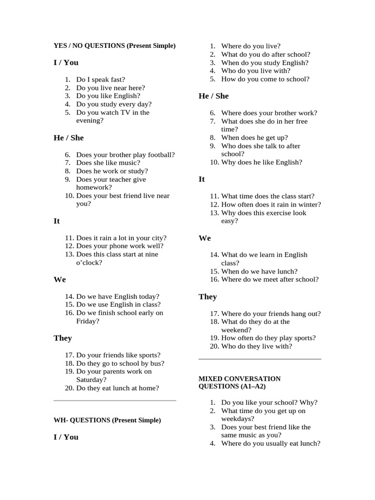 Present Simple A1 Conversation Questions | PDF | Chess Theory | Chess