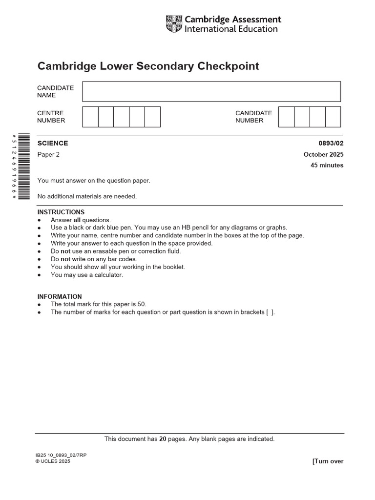 0893 Science October 2025 Checkpoint Question Paper 2 | PDF | Materials ...