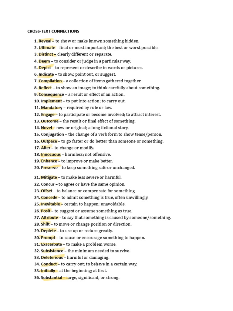 Cross-Text Connections Vocabulary | PDF
