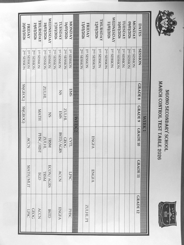 Ngono Ss March Test Time Table 2026 12-Mar-2026 13-40-27 | PDF
