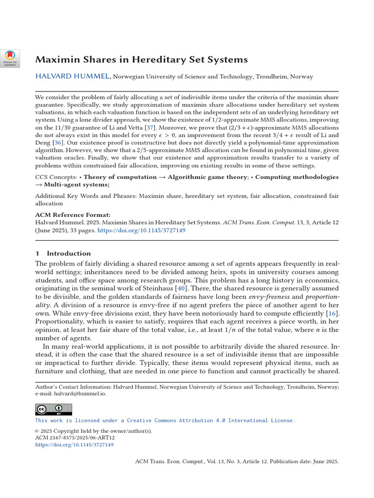 12 Maximin Shares in Hereditary Set Systems | PDF | Theoretical ...