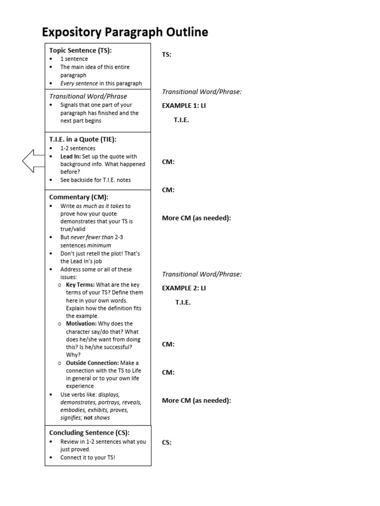 Expository Paragraph Outline + TIE Handout | PDF | Grammar | Linguistics