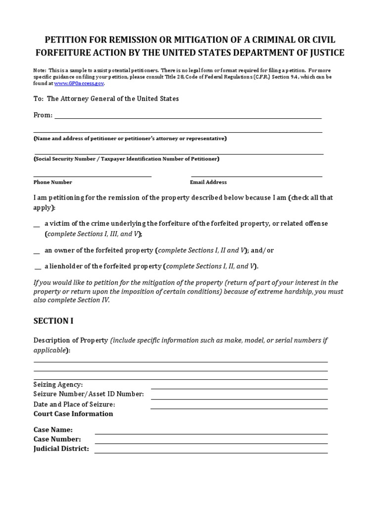 Sample Remission Petition | Asset Forfeiture | Politics