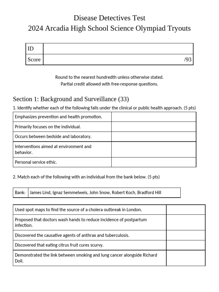 (TEST) Disease Detectives 2024-2025 AHS Tryouts | PDF | Infection | Cholera