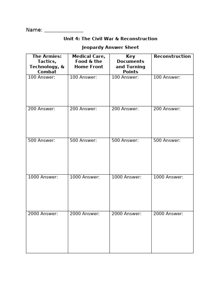 Unit 4 Jeopardy Answer Sheet | PDF