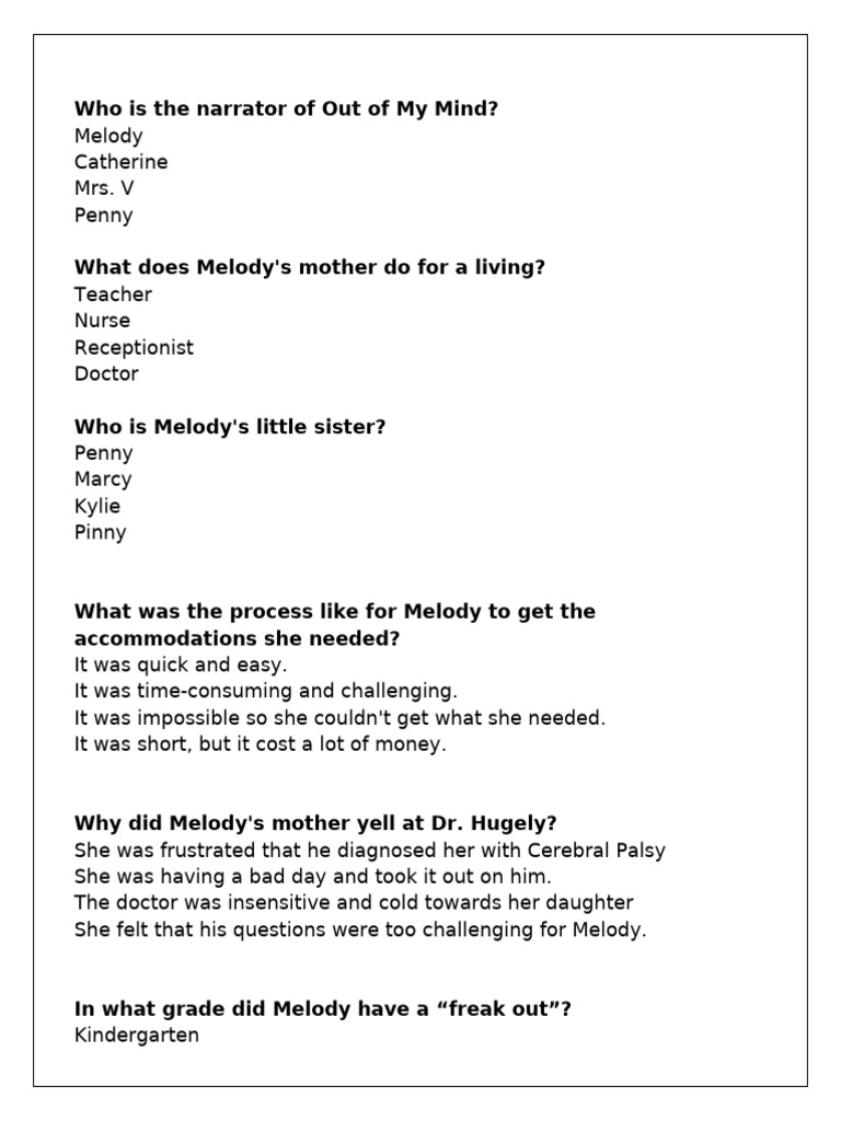 Out of My Mind Multiple Choice Questions | PDF