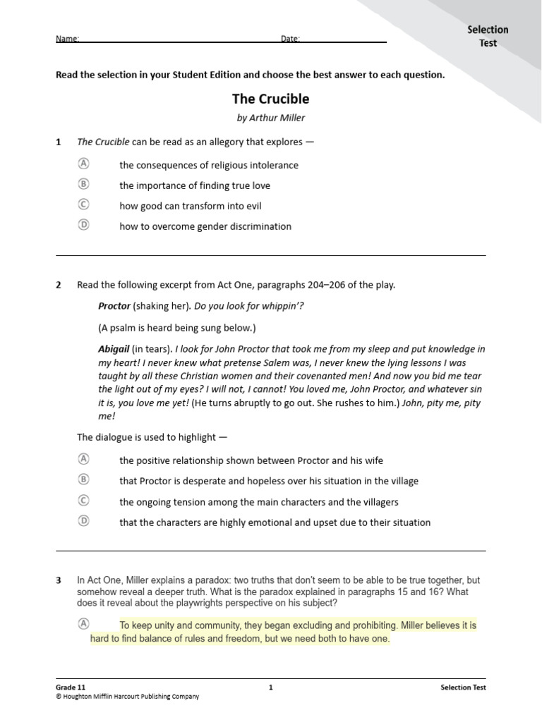 Act One The Crucible Edited Test Assessment Quiz | PDF