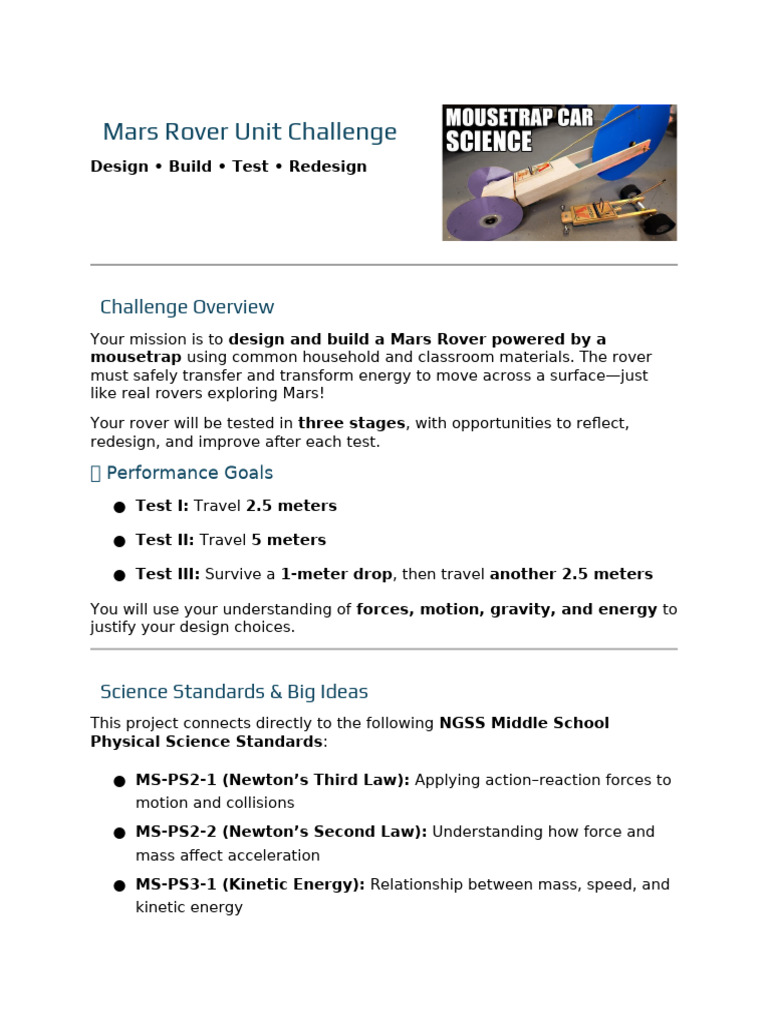 Mars Rover Unit Challenge_ Design, Plan, Test, And Redesign Packet ...