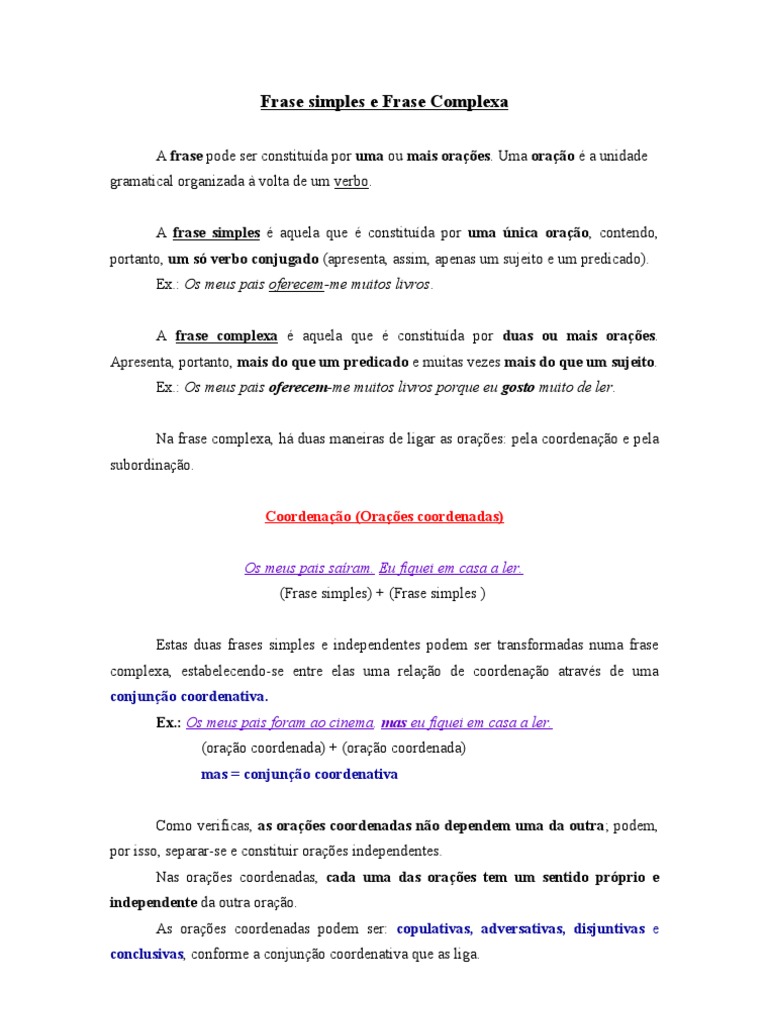 Frases Simples e Frases Complexas | Tipologia Linguística | Gramática