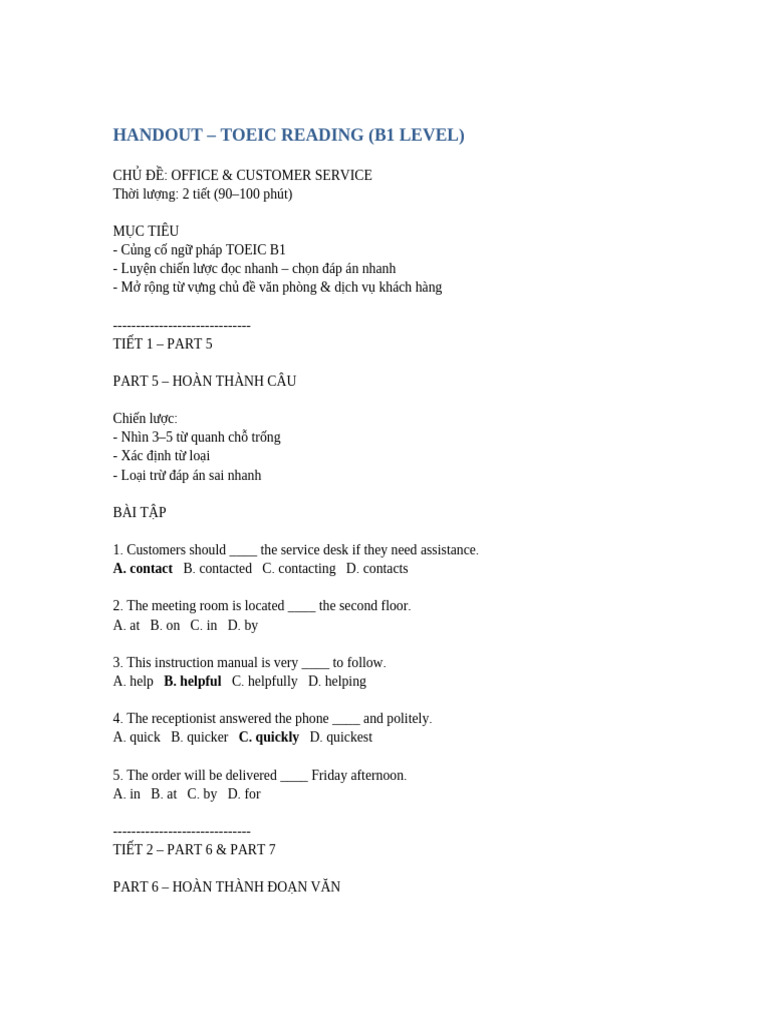 TOEIC Reading B1 Handout | PDF
