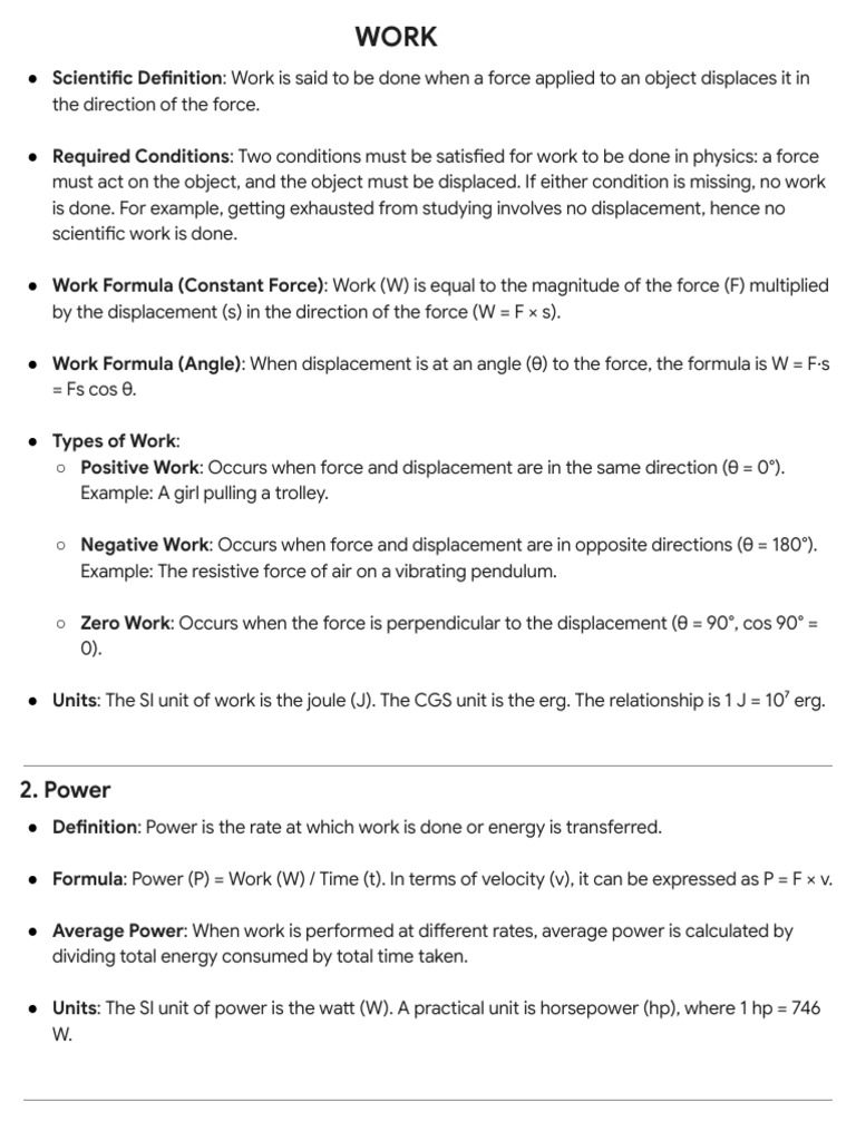 Physics Notes - Work, Energy, Power | PDF | Force | Kinetic Energy