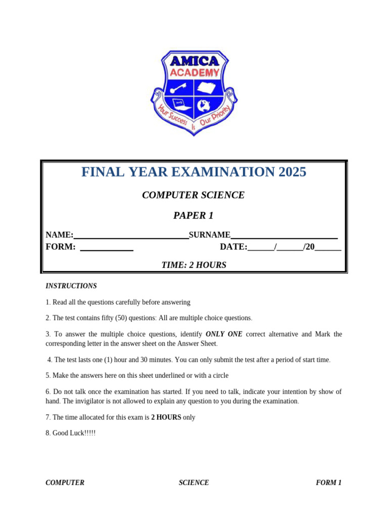 Form1 Computer Science Final Exam | PDF | Microsoft Word | Computer Virus