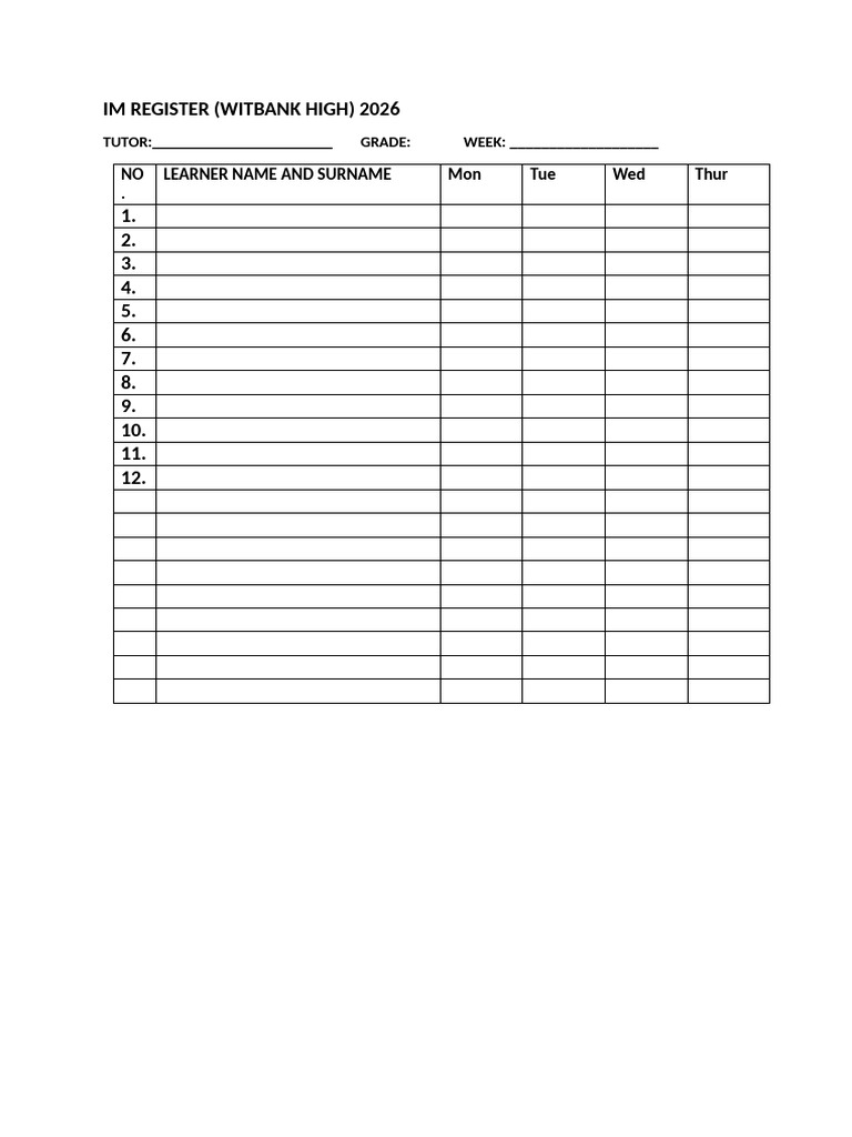 Witbank High Im Register 2026. | PDF