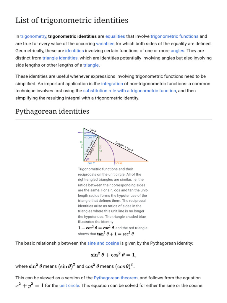 List of Trigonometric Identities - Wikipedia | PDF | Trigonometric ...