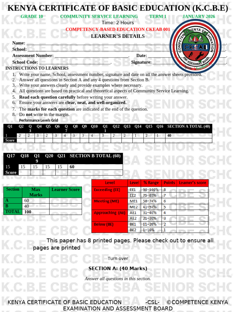 GRADE 10 CSL 001 2026 Exam | PDF | Leadership